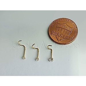Jewelry Avalanche Solid 14Kt Gold Nose Screw, 24G (0.5mm) Nose Hook, Nose Stud, 14kt Yellow Gold or 14kt White Gold Nose Ring Prong Set CZ Accent-Y3mm