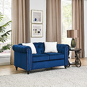 Melpomene 3 Pieces Blue Velvet Living Room Sofa Set Including 3-Seater Sofa Loveseat and Sofa Chair, with Button Tufted Nailhead and 5 White Villose Cushions (1+2+3 seat)