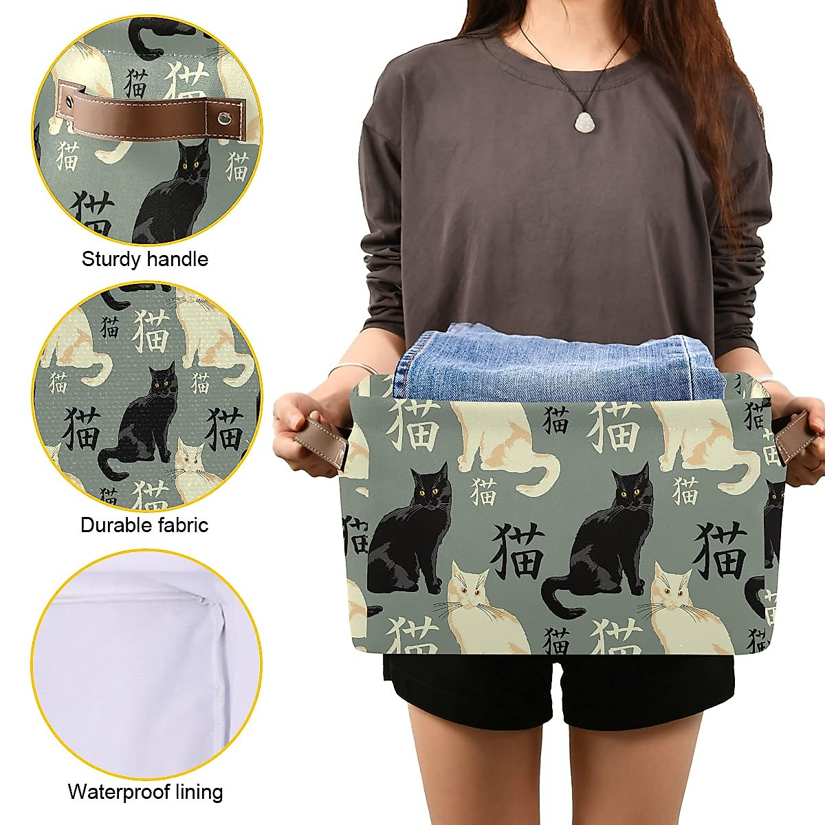 TropicalLife Funny Cats Asian Chinese Letter Storage Bin with Handle Collapsible Canvas Storage Basket Bag Cube Organizer for Bedroom Home Office Closet Shelve Clothes Toy,2PCS