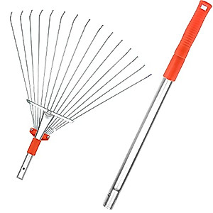 Buyplus Adjustable Garden Leaf Rake - 24 to 63 Inch Telescopic Metal Rake, Expandable Folding Leaves Rake for Lawn Yard, Flowers Beds and Roof