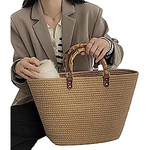 Women Straw Large Tote Bag Retro Bamboo Handle Strip Beach Handbag Summer Woven Handmade Elegant Travel Purse