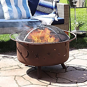 Sunnydaze Cosmic 30-Inch Fire Pit with Cooking BBQ Grill Grate, Spark Screen, and Fireplace Poker - Celestial Design