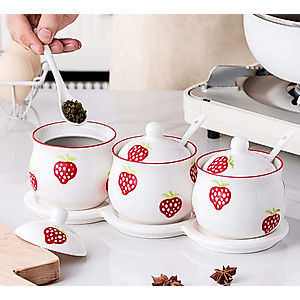 Mathew Hand-painted Strawberry Ceramic Seasoning Jar Condiment Pot Sugar Bowl with Lid and Spoon