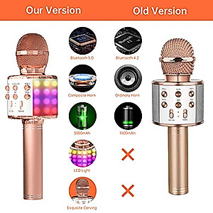 OVELLIC Karaoke Microphone for Kids, Wireless Bluetooth Karaoke Microphone with LED Lights, Portable Handheld Mic Speaker Machine, Great Gifts Toys for Girls Boys Adults All Age (Rose Gold)