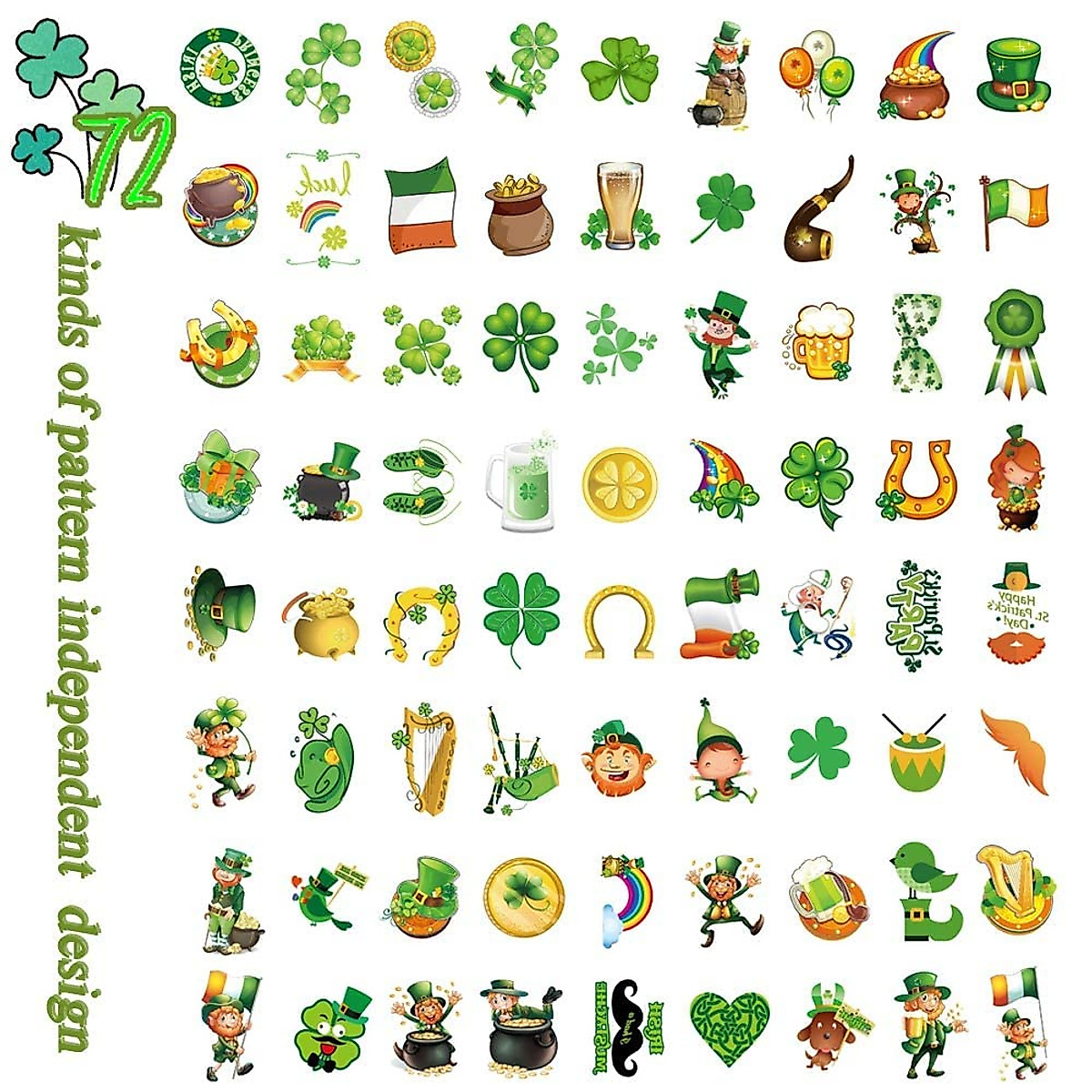 St. Patrick's Day Shamrock Temporary Tattoos, Waterproof Body Face Stickers Party Favors 144 PCS