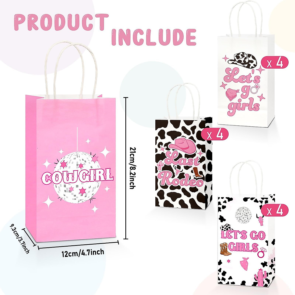 16PCS Let's Go Girls Gift Paper Bags Bachelorette Party Supplies Western Cowgirl Party Favors Bags Last Rodeo Bachelorette Party Decorations Disco Birthday Treat Bags for Bridal Shower Bachelorette