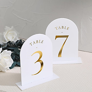 UNIQOOO White Arch Wedding Table Numbers with Stands 1-15, Gold Foil Printed 5x7 Double sided Acrylic Signs and Holders, Perfect for Centerpiece, Reception, Decoration, Party, Anniversary, Event