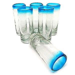 Dos Sueños Hand Blown Mexican Tequila Shot Glasses – Set of 6 Aqua Rim Tequila Shot Glasses (2 oz each) …