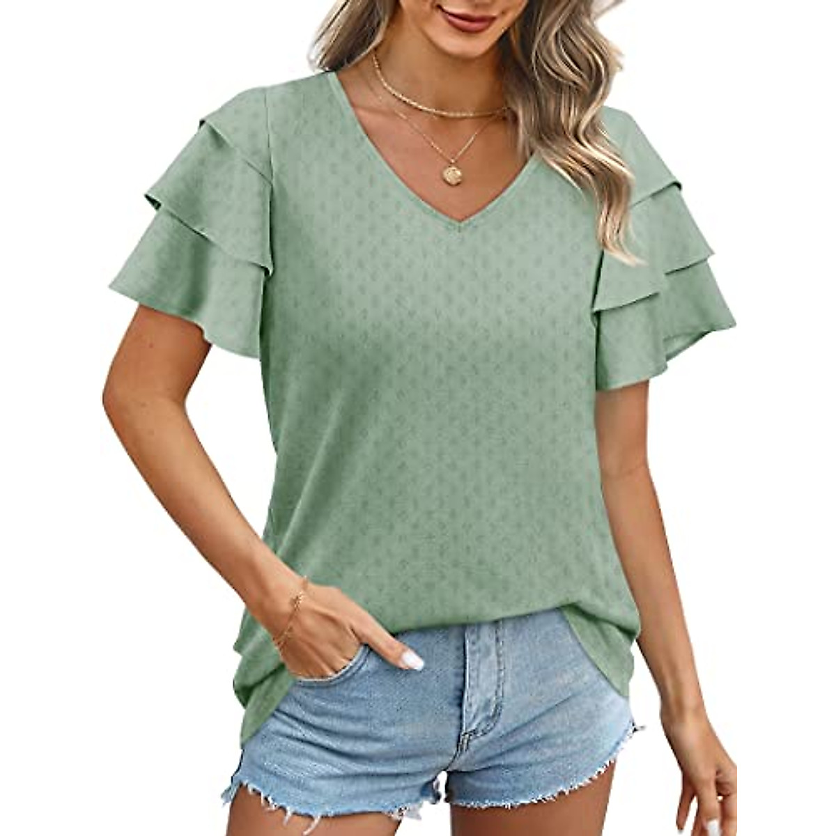 Blouses for Women Fashion 2023 Ruffle Sleeve Business Casual Tops Light Green XL