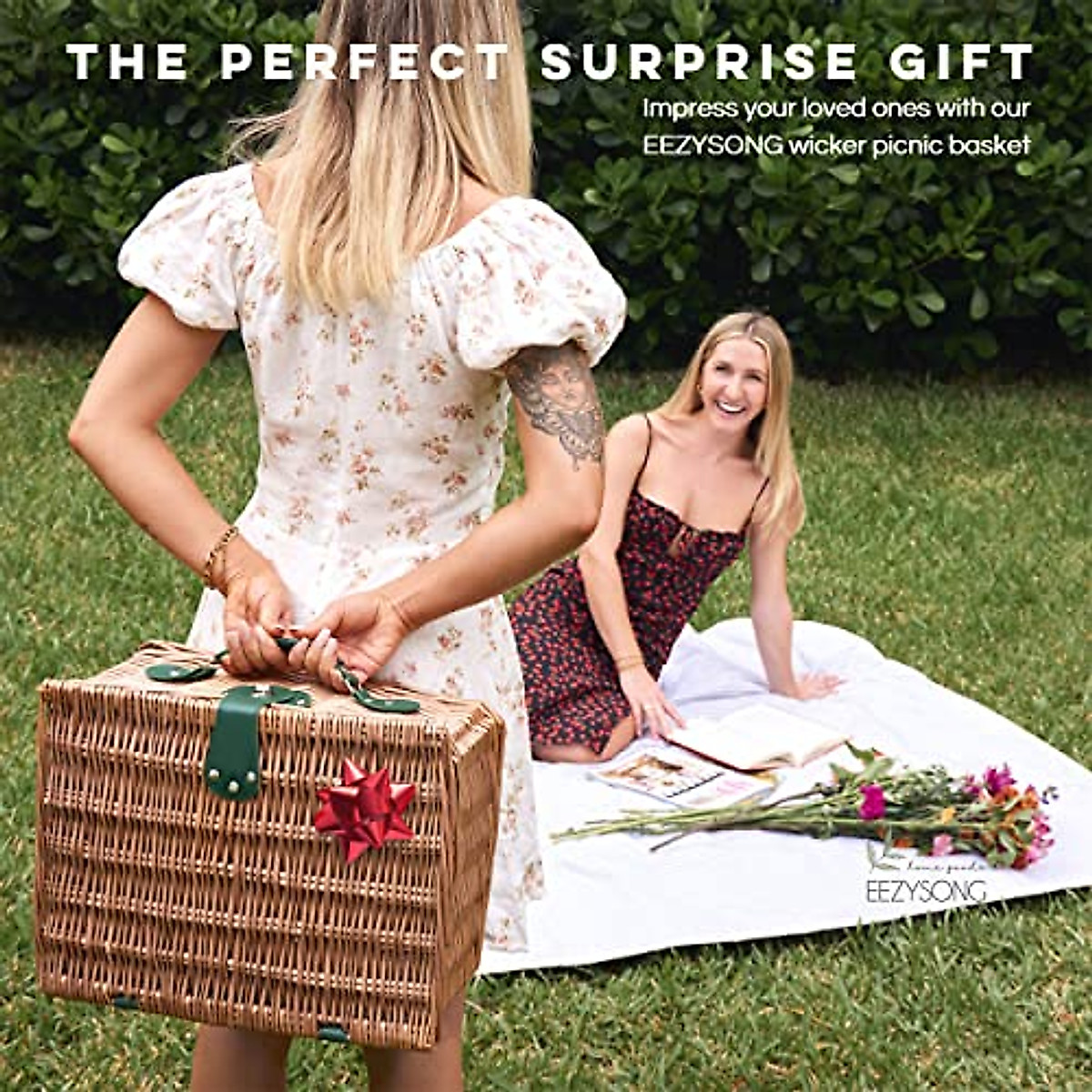 Handmade Wicker Picnic Basket for 2 with Insulated Cooler, Ceramic Plates, Utensils & Wine Glasses - Perfect Picnic Set for Camping, Outdoors, Photoshoot, or a Birthday, Valentine’s Day, Wedding Gift