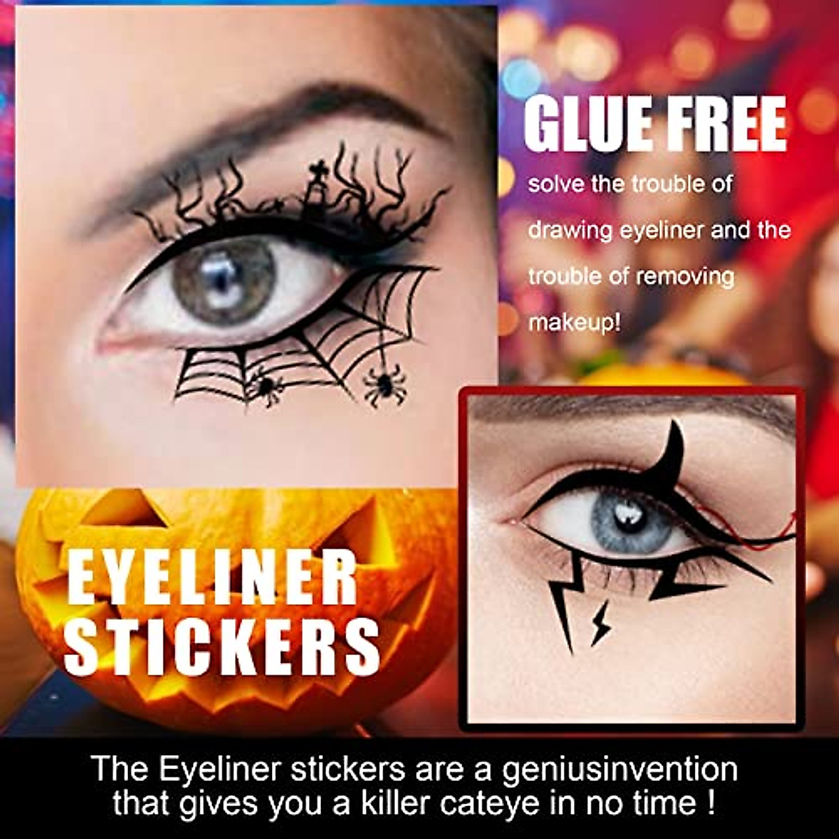 16Pcs Halloween Eyeshadow Eyeliner Sticker Spider Web Skull Bat Eye Shadow Decals for Women Halloween Masquerade Party Face Eye Realistic Makeup 3D Self- Adhesive Eye Art Decoration Tools