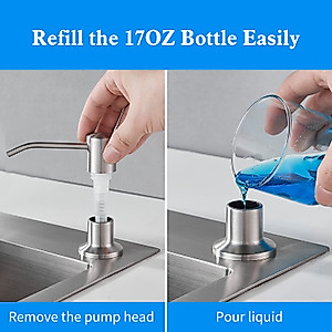 Built in Soap Dispenser for Kitchen Sink, Brushed Nickel Stainless Steel Countertop Pump Head (Plastic Built-in), Dish Soap Hand Lotion Dispenser with Refillable 17OZ Bottle