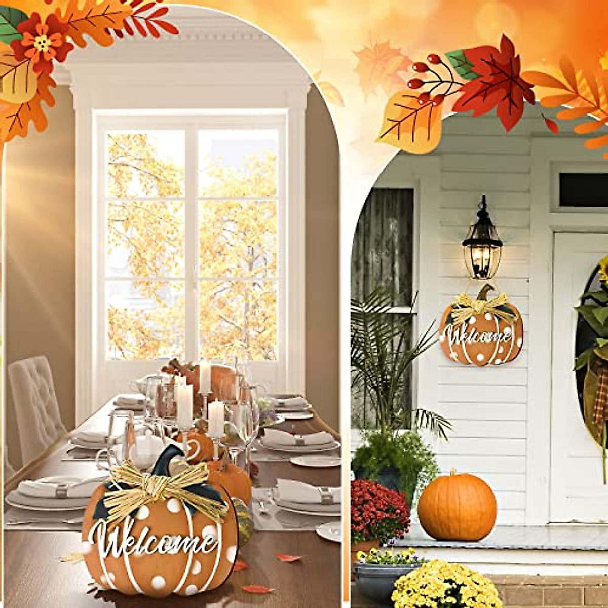 Shellwei Fall Pumpkin Welcome Sign for Front Door Wood Pumpkin Hanging Decor Thanksgiving Wooden Hanger Decorations for Autumn Harvest Farmhouse Home Decor