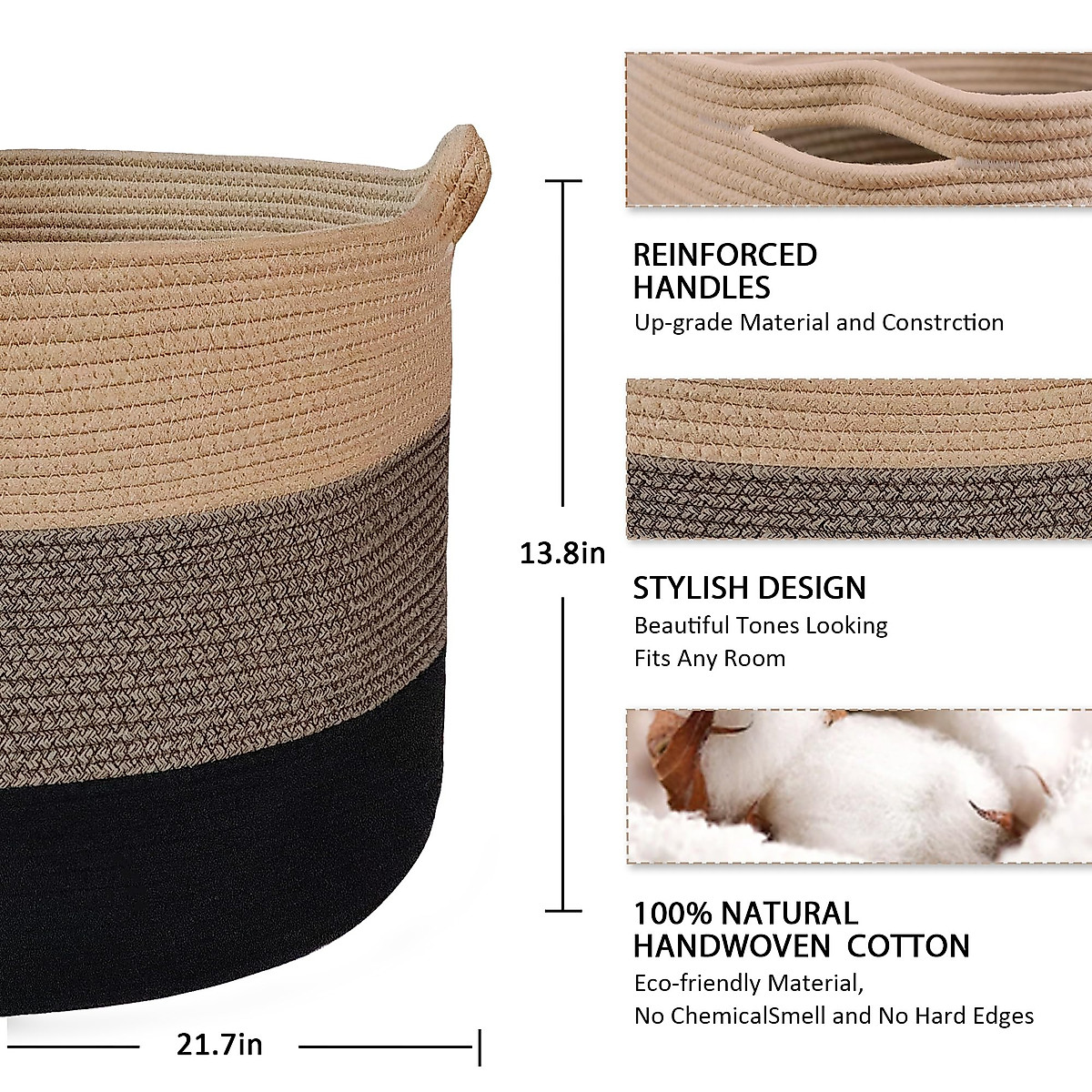 MXMHOME Large Cotton Rope Basket,22"x22"x14"Throw Blanket Storage for Living Room Woven Baby Laundry Basket with Handle Nursery Basket Soft Toy Storage Basket Comfoter Cushions Thread Hamper