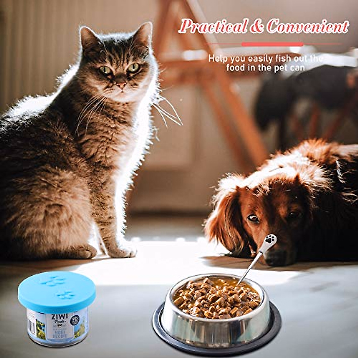 Perthlin 7 Pieces Pet Food Can Supplies Set Include 4 Pieces Silicone Pet Can Covers Cat Can Lids 1 Pieces Multifuctional Pet Can Opener and 2 Pieces Dog Claw Spoons for Pets Dogs Cats Feeding Can
