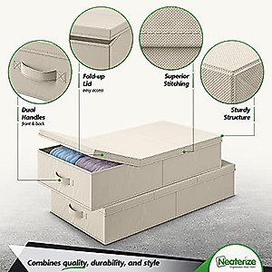 NEATERIZE Storage Box, Under Bed Storage Bins With Lids, Set of 2, Long Flat Stackable Underbed Containers For Organizing Clothing, Shoes, toys, Blankets, and Linen. Garage Boxes, Large, Beige