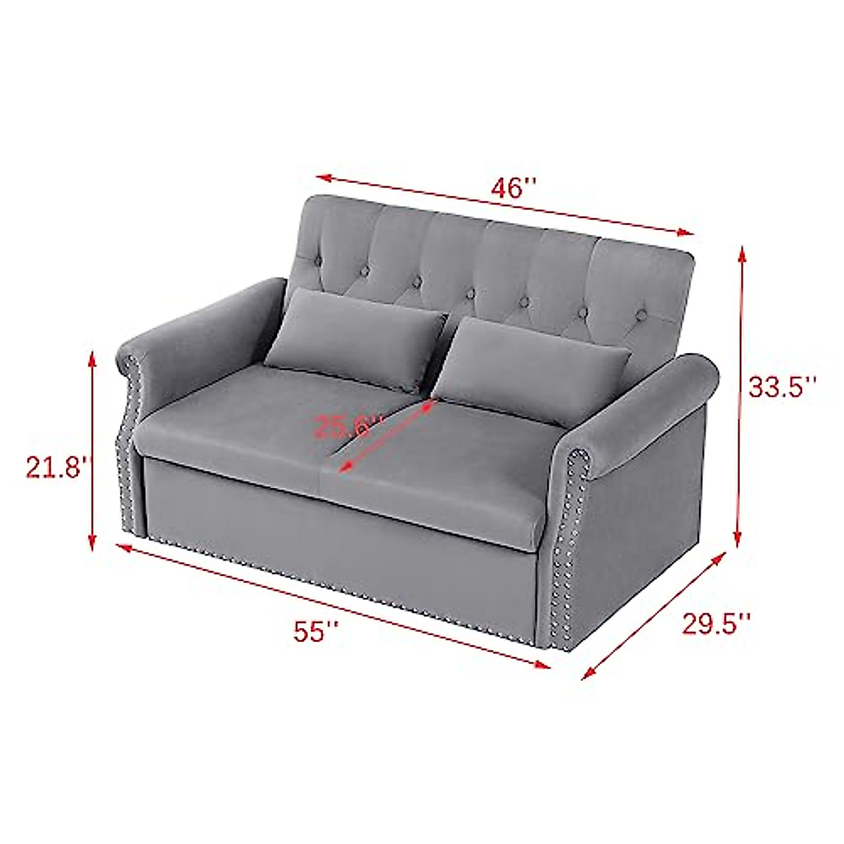 Runboll 55" Loveseat Pull Out Sleeper Sofa Bed Shiny Velvet Adjustable Backrest 2 Seater Couch Bed with 2 Caster Wheels, Lumbar Pillows, Removable Armrest (Grey)