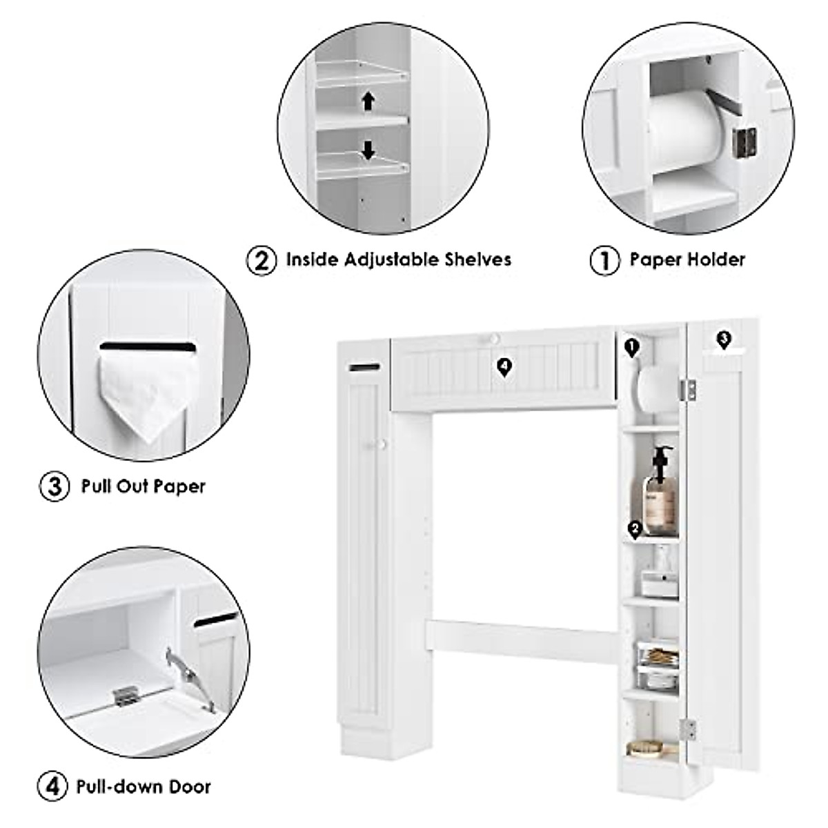 Over-The-Toilet Storage Cabinet with 2 Side Doors, Freestanding Toilet Cabinet Organizer with Adjustable Shelves & Paper Holder, Bathroom Space Saver with Pull-Down Door, Toilet Rack, White