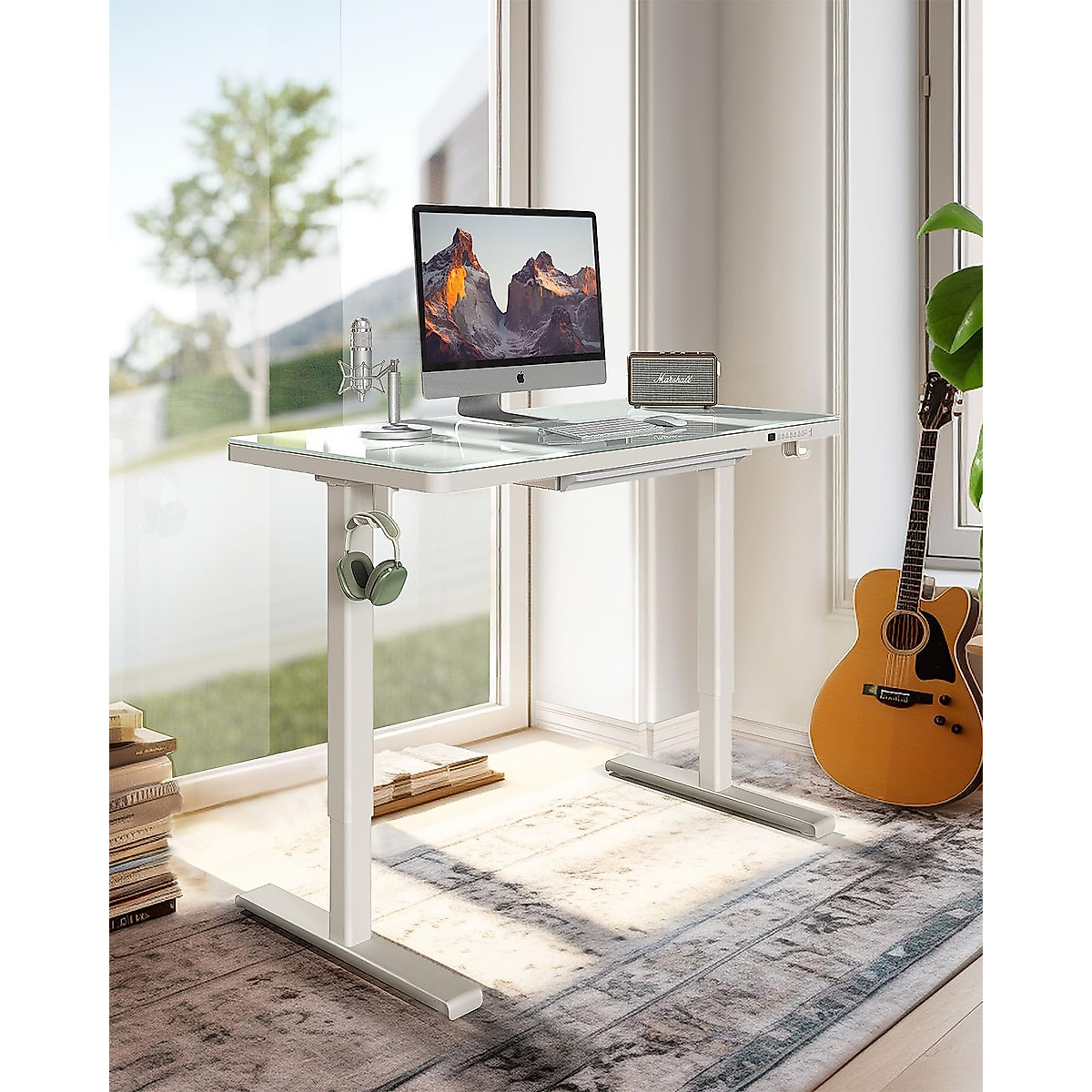 ErGear Dual Motor Electric Standing Desk with Drawers,48x24 Inch Whole-Piece Glass Desktop Quick Install,Height Adjustable Stand up Sit Stand Home Office Ergonomic Workstation with USB Charging Ports