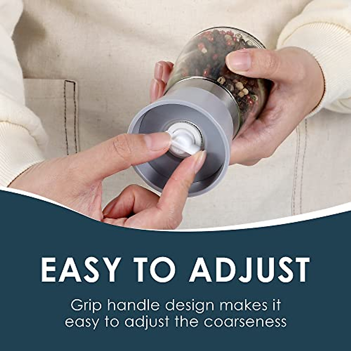 Vzaahu Salt and Pepper Grinder Set Grey - Refillable Small Sea Salt & Peppercorn Shakers Set, Adjustable Coarseness, Ceramic Burr, Premium Glass Salt & Pepper Mill