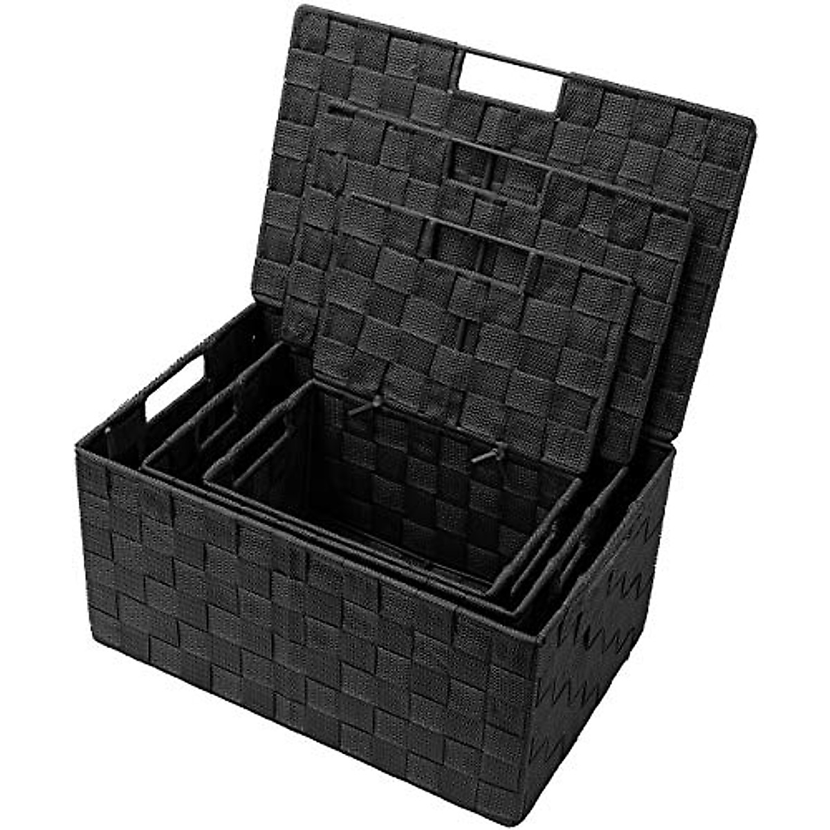Sorbus Foldable Storage Cube Woven Basket Bin Set - Built-In Carry Handles - Great for Home Organization, Nursery, Playroom, Closet, Dorm, etc (Lid Bins - 3 Pack, Black)