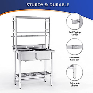 VINGLI 67" 2-Compartment Commercial Sink with Shelves Over & Drying Rack Underneath, 304 Stainless Steel Sink Double Basin with Drain for Restaurant, Freestanding Utility Sink for Laundry Room, Garage