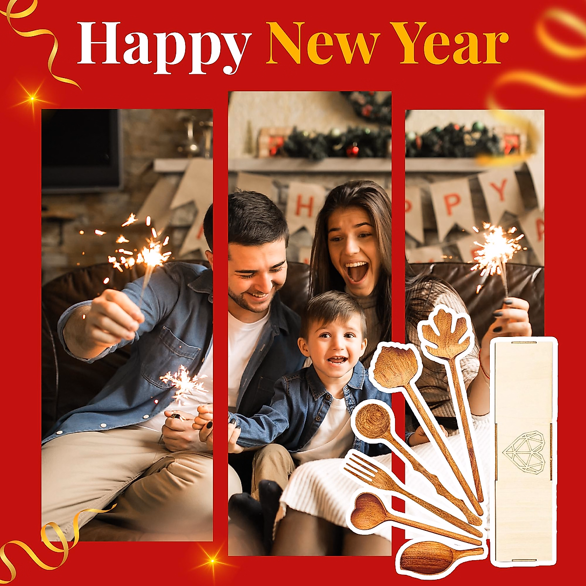 Natural Wooden Spoons and Forks Set (Set of 6), Valentines Day Gifts for Her, Cooking Gifts for Mom, Hostess Gifts,Happy New Year Gifts, Easter Gifts for Mom