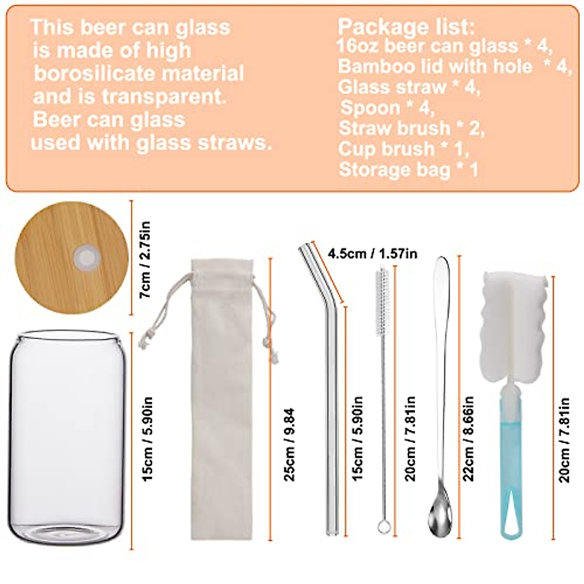Tisovixo Beer Can Glass Drinking Glasses with Bamboo Lids and Straw,16oz Drinking Glass Cup 4pcs,Iced Coffee Cup Cocktail Glassware Bar Accessories,Beer Can Glass Tumbler Boba Cup with Lids and Straw