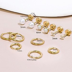 6 Pairs Gold Hoop Earrings Set, Opal/Pearl/Cubic Zirconia Stud Earrings for Sensitive Ears Hypoallergenic Small Huggie Hoop Earrings for Women Flat Back Earrings for Cartilage Helix Multiple Piercing