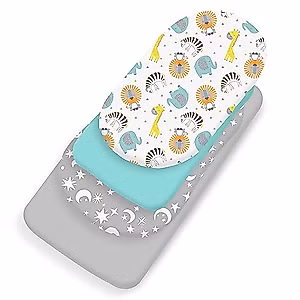 bimocosy Bassinet Sheet, 4 Pack Bassinet Sheets for Baby Boys, Soft Baby Bassinet Fitted Sheets Neutral for Standard Bassinet Mattress, Size 32 x 16 x 4 Inches, Stars/Woodland Animals/Grey/Light Green