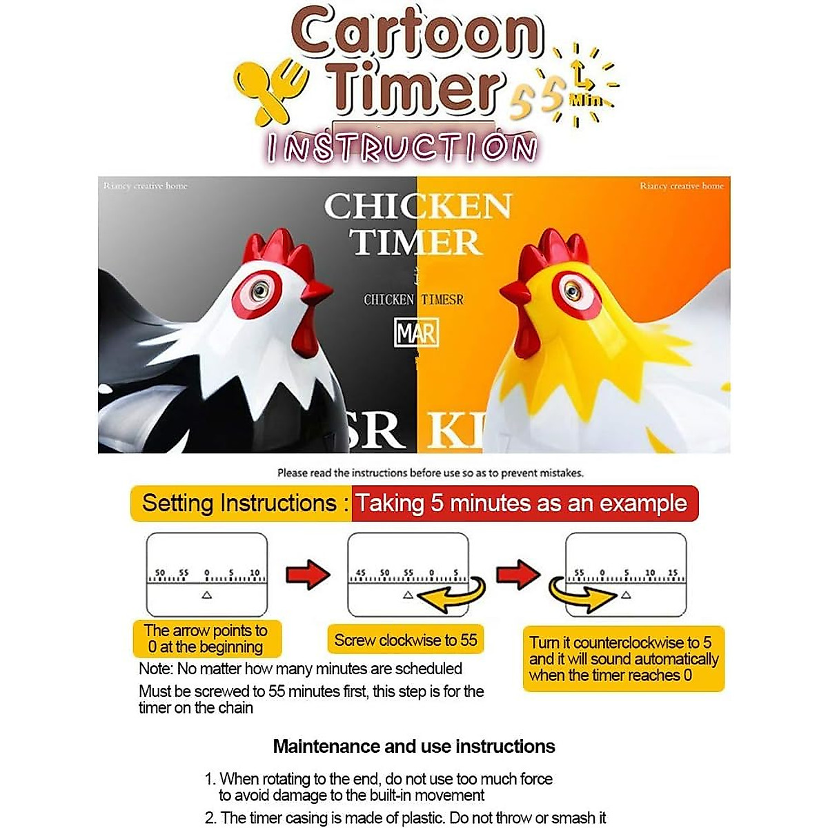 MAGT Chicken Timer, Cute Cartoon Kitchen Timer 2.55 * 2.55 Inch Cooking Timer Reminder Countdown Timer for Cooking Baking Sport Game