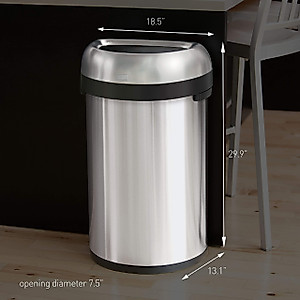 simplehuman 60 Liter / 15.9 Gallon Large Semi-Round Open Top Trash Can Commercial Grade Heavy Gauge, Brushed Stainless Steel