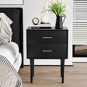Black Nightstand with 2 Drawers, Modern Night Stand Black, Wooden Night Stands for Bedroom, Bed Side Table, End Table, Gold Handle 26 Inch Tall, Large Size