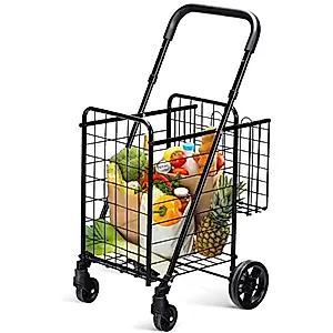 Shopping Cart with Dual Swivel Wheels for Groceries - Compact Folding Portable Cart Saves Space - with Adjustable Handle Height (Black)