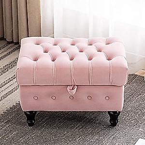 Artechworks Storage Coffee Table Ottoman, Button Tufted Velvet Upholstery Footstool Bed Ottoman for Living Room, Home Office, Space-Saving Storage Toy Box Stool, Pink