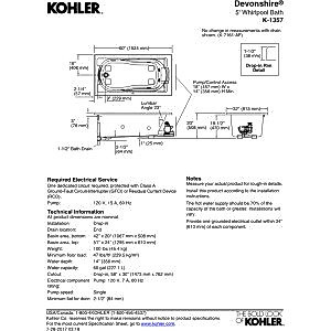 KOHLER 1357-0 Devonshire 60" x 32" Drop-In Whirlpool Bathtub with Reversible Drain, Whirlpool Tub with 8 Adjustable Jets, White