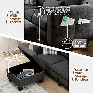 Youmumeub Sectional Sofa Couch, Convertible L Shaped Couches with Ottoman, Dark Grey Modern Small Modular Sofas for Living Room, Apartment Small Space