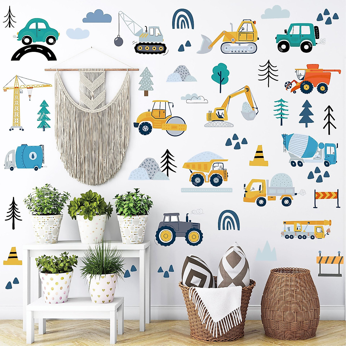 Construction Vehicles Wall Stickers - 6 Sheets 90 Pcs Construction Themed Trucks Excavator Crane Bohemian Style Wall Decals Peel and Stick Wall Decors for Kids Baby Bedroom Boys Room Nursery Playroom