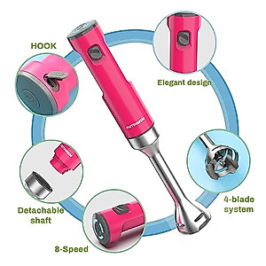 OUTRONSM Cordless Hand Blender, CordIess Immersion Blender Rechargeable, with Charging Cable, 500ml Chopper, 600ml Container, Egg Whisk, for Smoothies, Milkshakes, Infant Food and Soups – Red