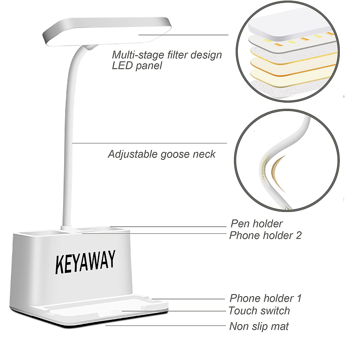 LED Desk Lamp with Pen & Phone holder, USB Rechargeable Book Reading Light,Eye-Caring Study Lamp for Kids, Touch Table Lamp with Flexible Gooseneck for Home,Office,3 Color Modes & Stepless Dimming