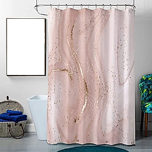 Zmcongz Abstract Marble Shower Curtain Set with Rugs for Bathroom Decor Liquid Pink Marble Luxury Gold Foil Waterproof Fabric Cloth Bath Curtain, Non-Slip Bathroom Rugs Bath Mats, 72x72 Inch