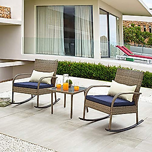 LOKATSE HOME 3 Pcs Outdoor Rattan Conversation Furniture Patio Bistro Wicker Set Modern Rocking Chair with Cushion & Coffee Table, Beige