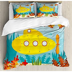 Ambesonne Yellow Submarine Duvet Cover Sets, Sea Life Theme Vehicle Fish and a Crab Illustration Print, Bedding Set with 2 Duvet Covers 4 Pillowcases, 2 Pack Cal King Size, Yellow Pale Blue