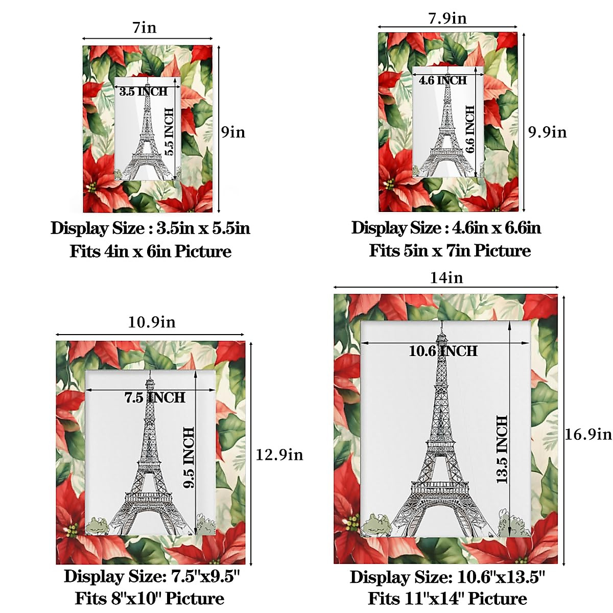 Mardesigns Christmas 5x7 Picture Frame, Red Poinsettia Photo Picture Frame Display 5x7 or 4x6 Pictures for Wall and Table Vertical or Horizontal Display Photo Frame
