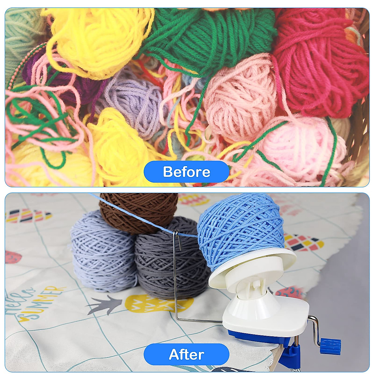 LAMXD Needlecraft Yarn Ball Winder Hand Operated,Capacity 4-Ounce,Blue,Portable Package,Easy to Set Up and Use,Sturdy with Metal Handle and Tabletop Clamp,Including 8 Sizes Crochet Hooks Set