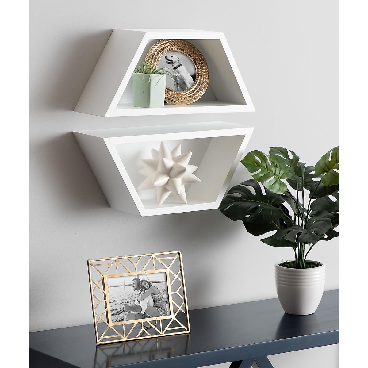 Kate and Laurel Camellia Geometric Wood Shelf Set, Set of 2, White, Modern Wooden Shelves for Wall Storage and Display