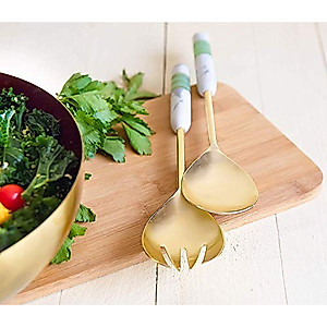 Folkulture Serving Spoons or Salad Servers for Modern Kitchen, Stainless Steel Serving Utensils - Spoon and Fork for Serving Salad, 12-inch Cooking Utensils Set with Marble Handle, Pearl White