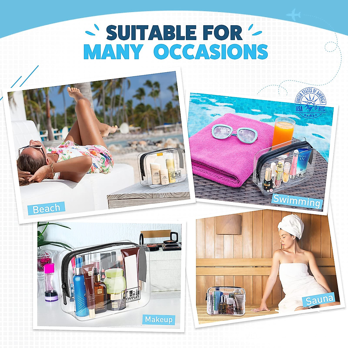 EASYFUN TSA Approved Toiletry Bag Clear Quart Bag Travel Makeup Bags 3 PCS Travel Accessories Small Cosmetic Pouch With Zipper Carry On Airport Airline Quart Size For Men Women