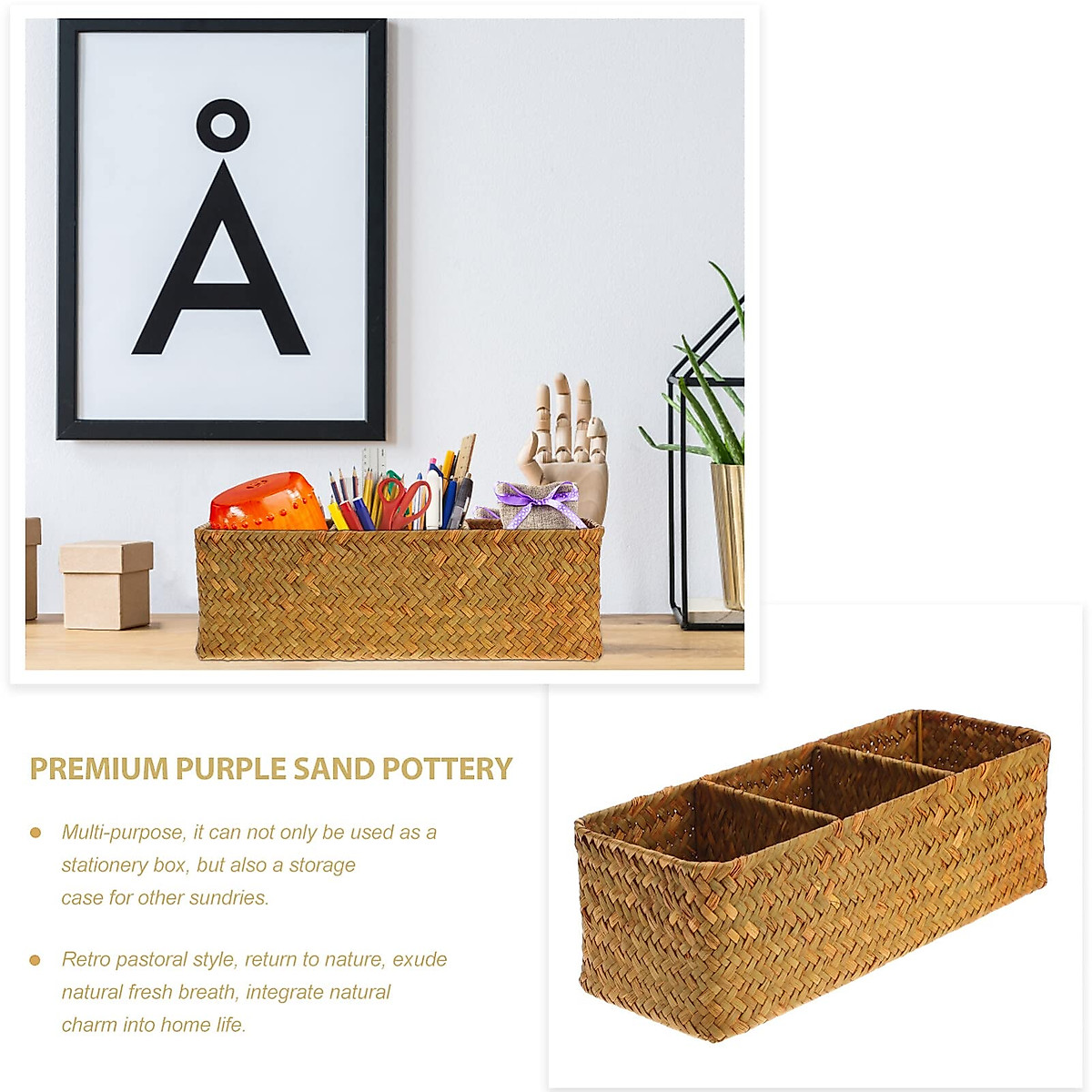 Seagrass Storage Basket 3 Divided Handmade Wicker Basket Organizer Tea Bag Sugar Packet Holder for Coffee Pods Snack Bathroom Paper Coffee