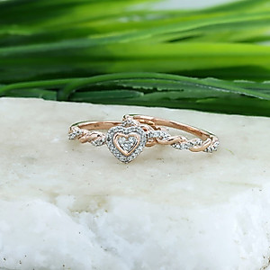 Wishrocks 1/5 Carat Round Cut White Natural Diamond Heart Shape Frame Twist Bridal Ring Set in 14k Rose Gold Over Sterling Silver (0.20 Cttw, Color- I-J, Clarity- I2) Ring Size- 8.5